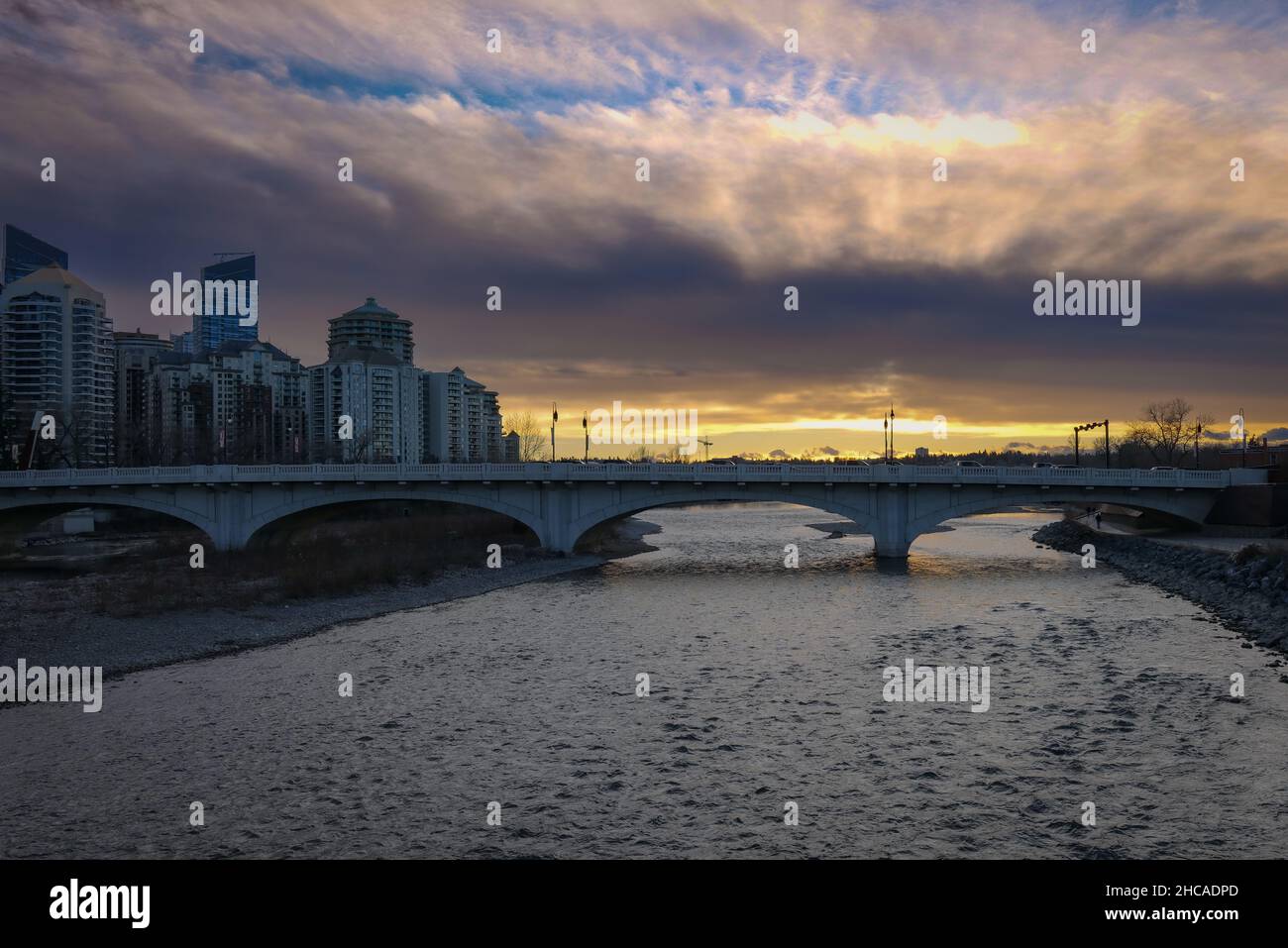Bridge over the Bow River leading to downtown Calgary, Alberta Stock ...
