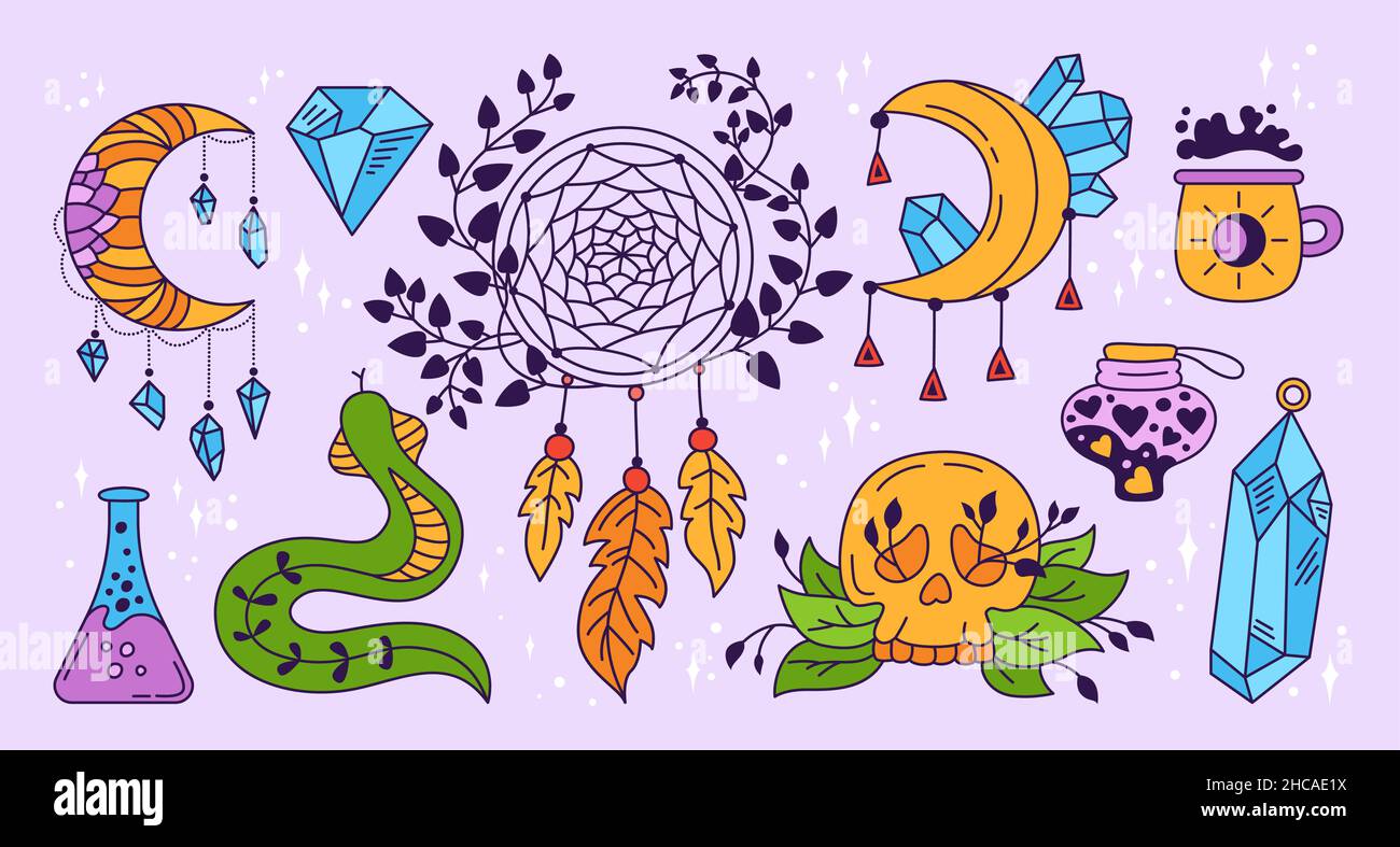 Mystic outline set, witchcraft symbol crystal, snake and skull ...