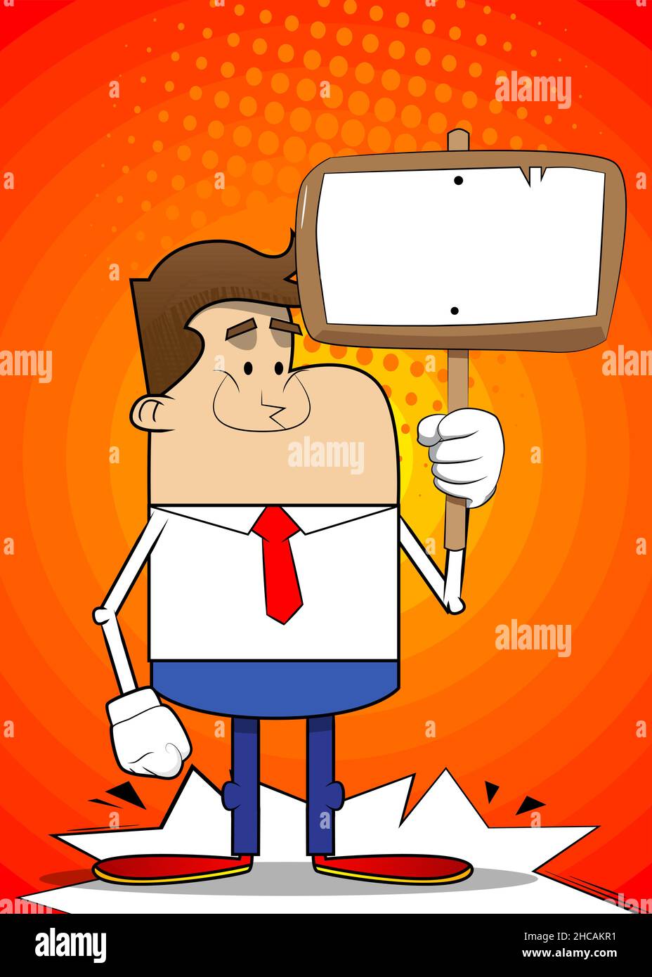 Simple retro cartoon of a businessman holding blank sign. Professional ...