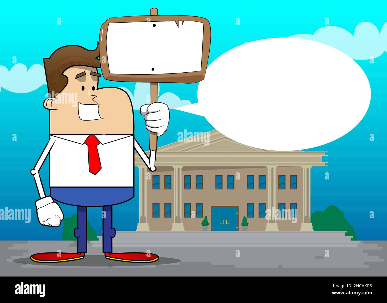 Simple retro cartoon of a businessman holding blank sign. Professional ...