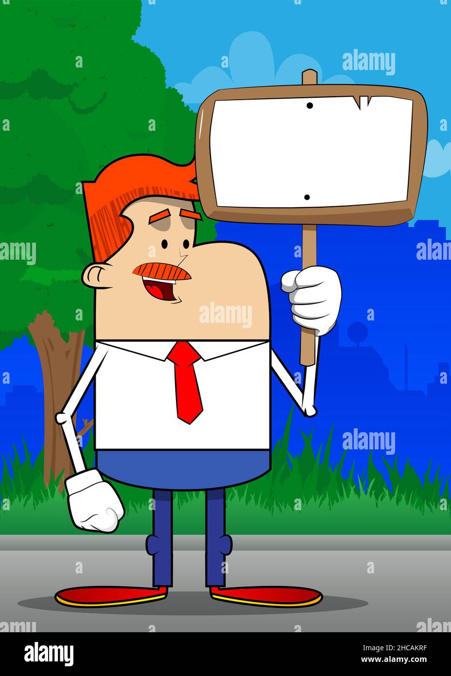 Simple retro cartoon of a businessman holding blank sign. Professional ...