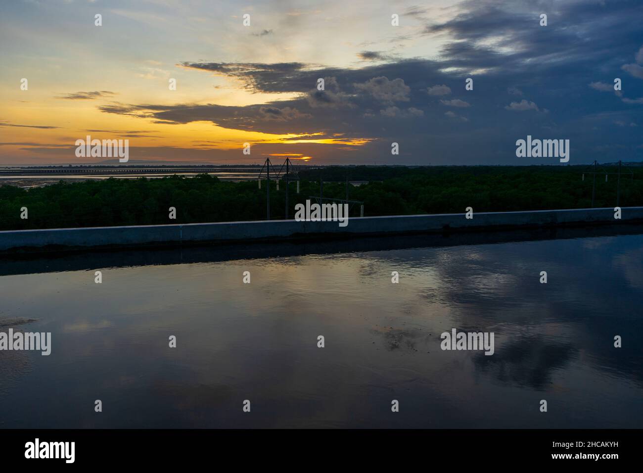 Landscape view of the sunrise sky from the top of the building in Bali ...