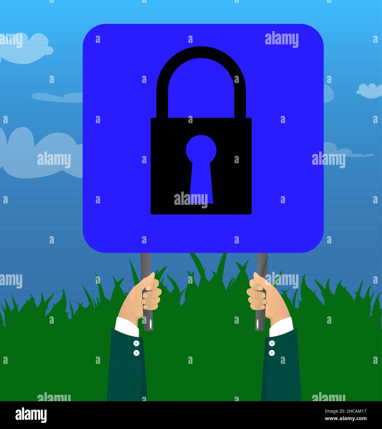 Hand holding banner with Padlock icon. Man showing billboard. Security ...