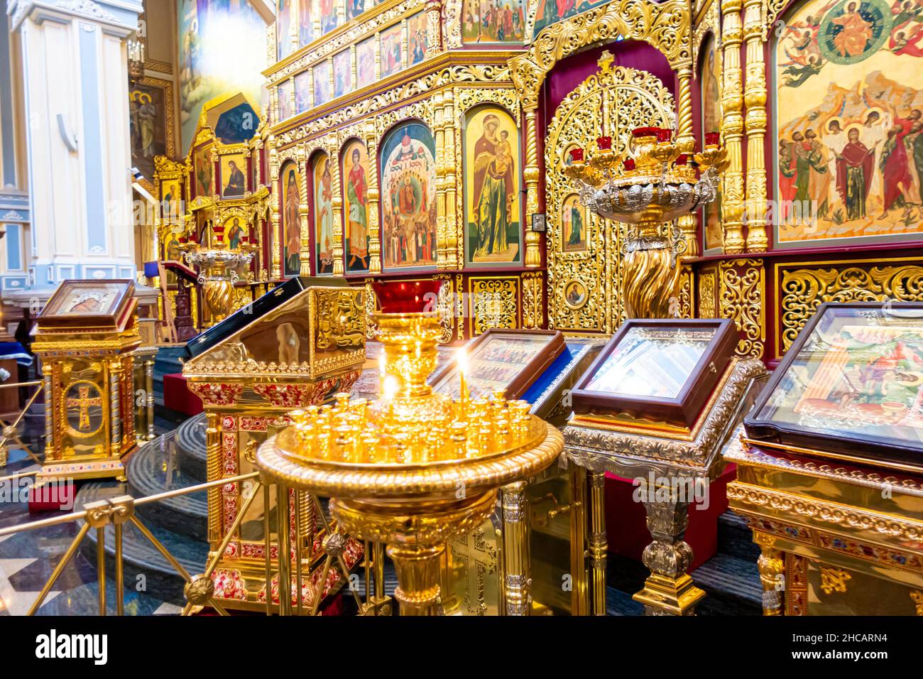 Icons and candlestands inside interior of Orthodox Ascension Zenkov ...
