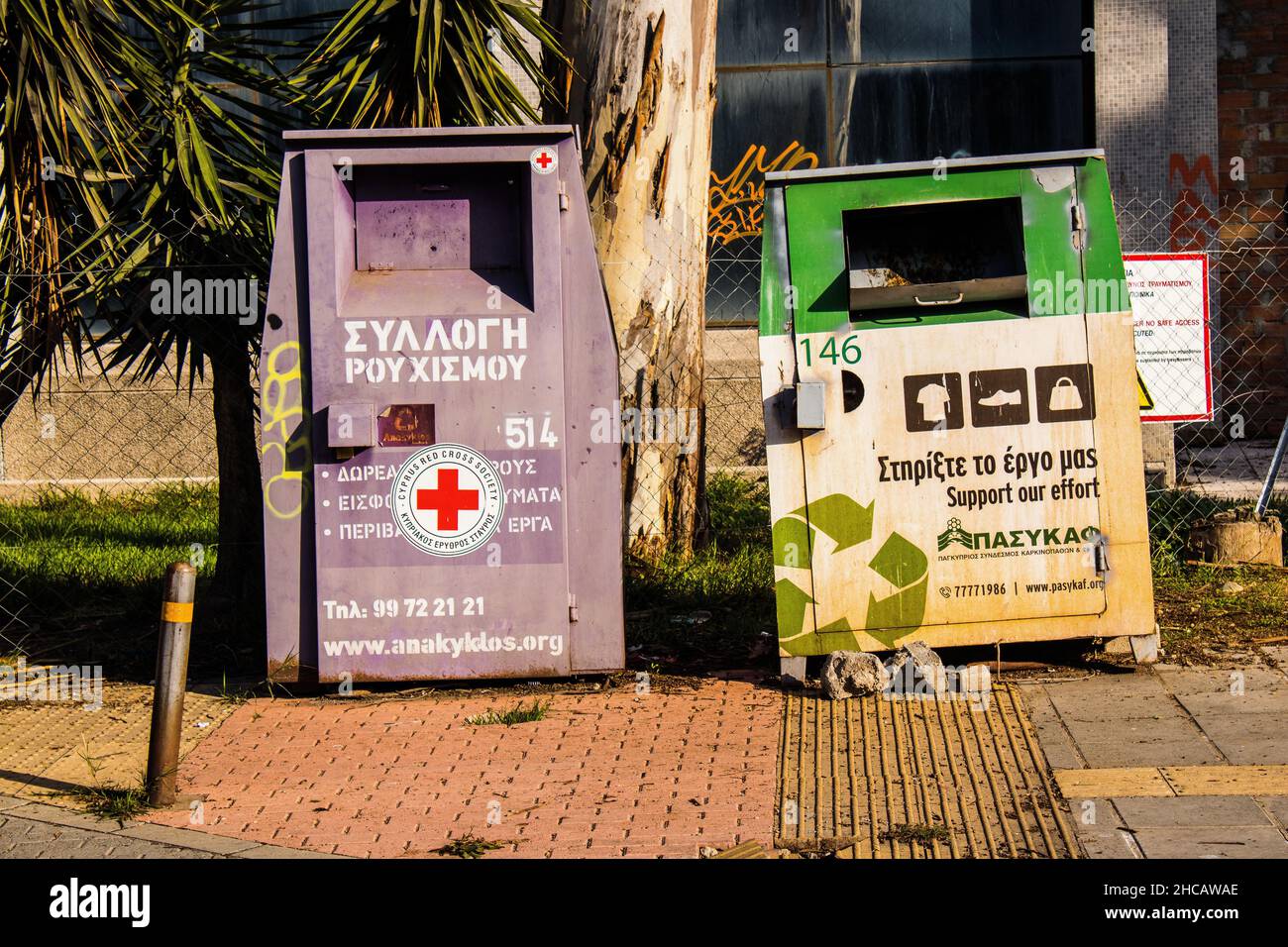 Nicosia, Cyprus - December 25, 2021 Garbage container in the streets of ...