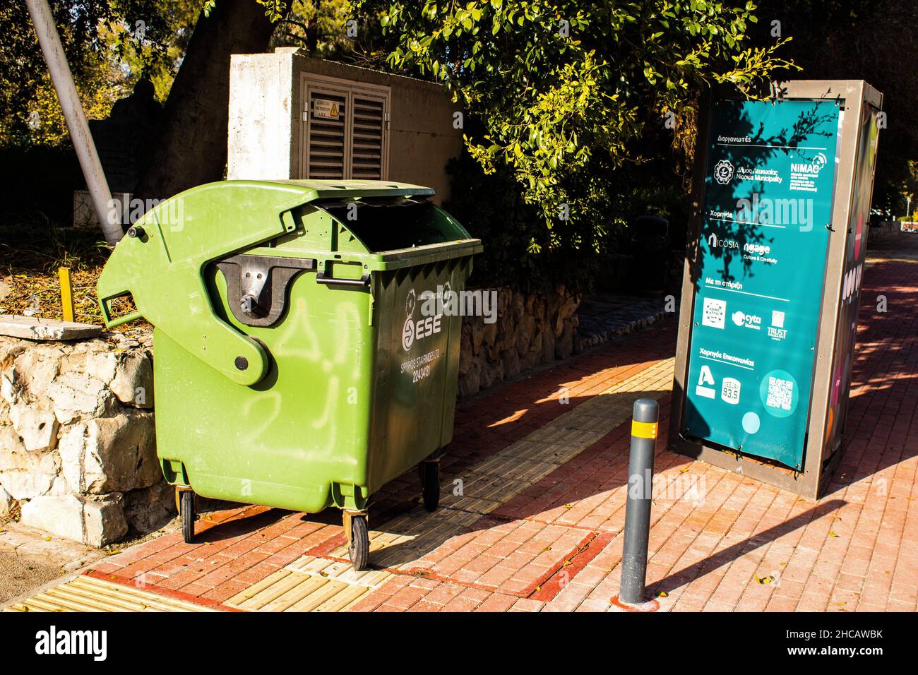 Nicosia, Cyprus - December 25, 2021 Garbage container in the streets of ...