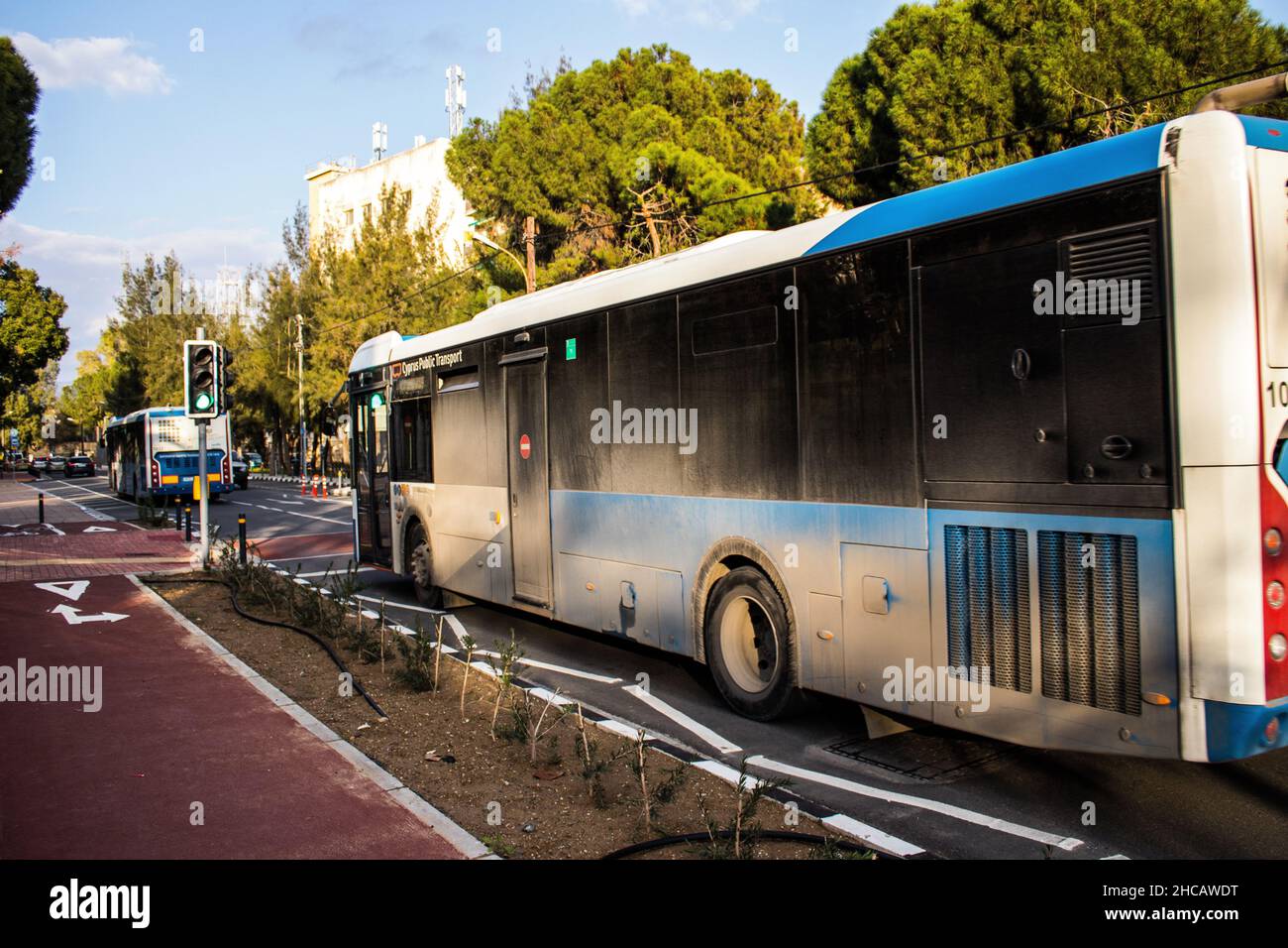 Nicosia, Cyprus - December 25, 2021 Cypriot public bus rolling in the ...