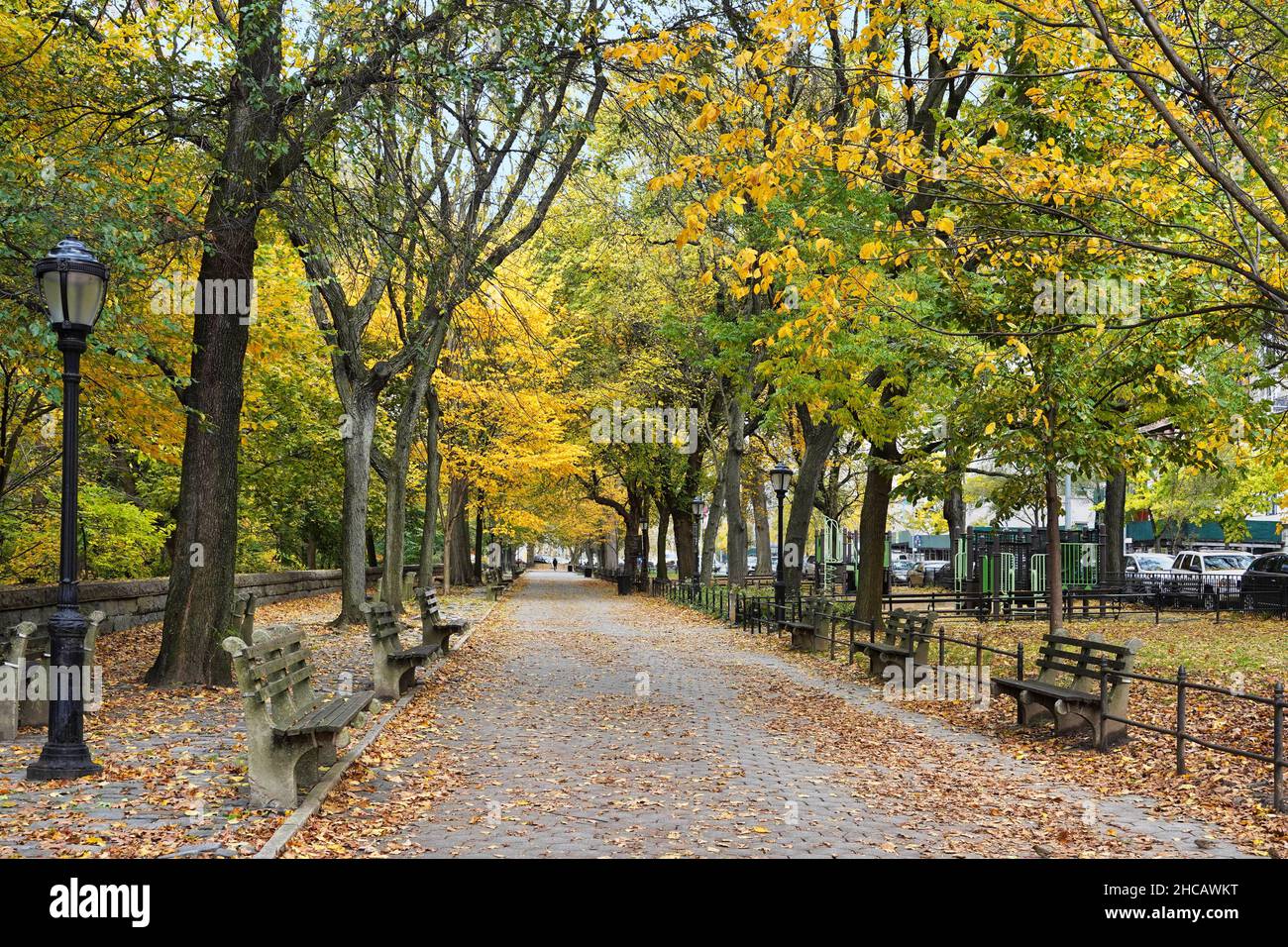 Tree lined sidewalk in northern Manhattan in Riverside Park Stock Photo ...
