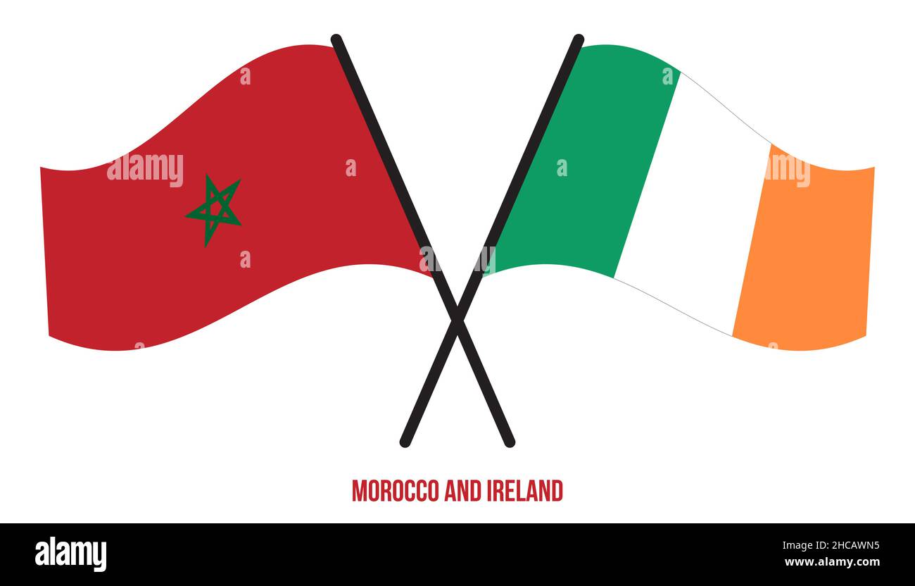 Morocco and Ireland Flags Crossed And Waving Flat Style. Official ...