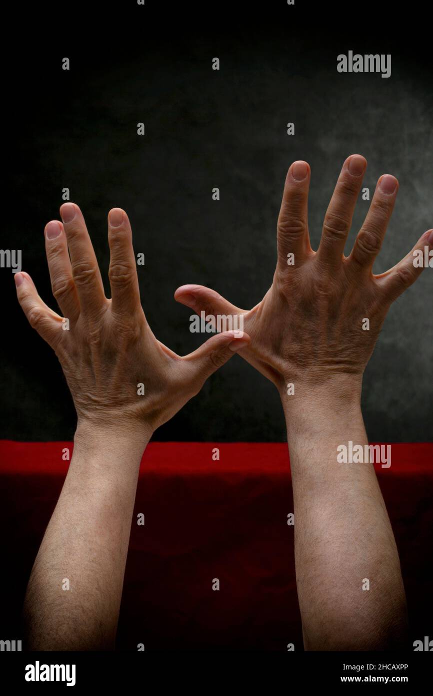 Male hands with open palms raised up Stock Photo - Alamy