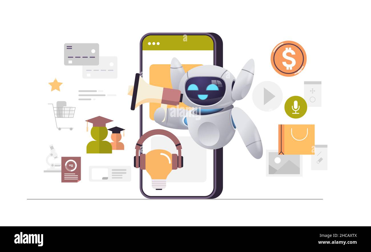 robot using loudspeaker on smartphone screen chatbot ai faq service ...