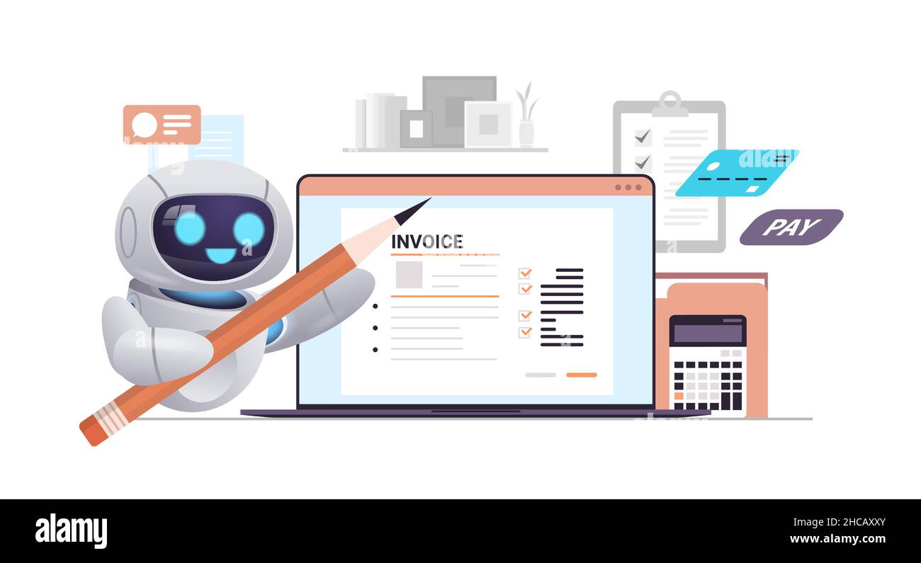 robot calculating invoice on laptop screen accounting robotic ...