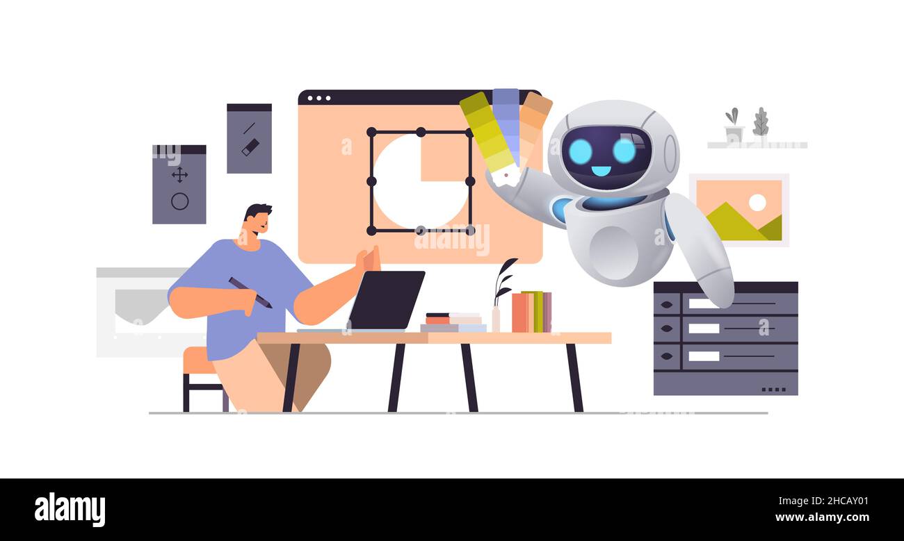 designer and robot drawing with pen in graphic editor on laptop ...