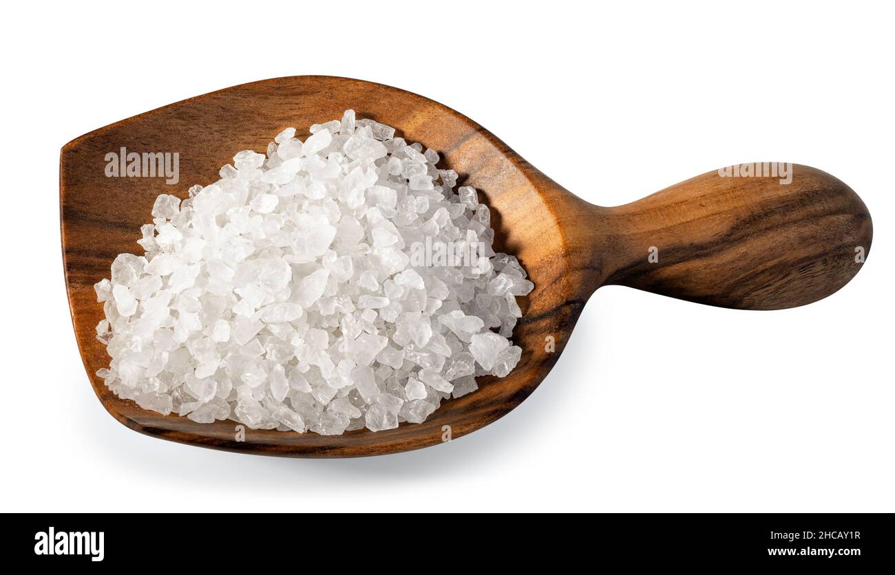 sea salt in wooden spoon isolated on white Stock Photo - Alamy
