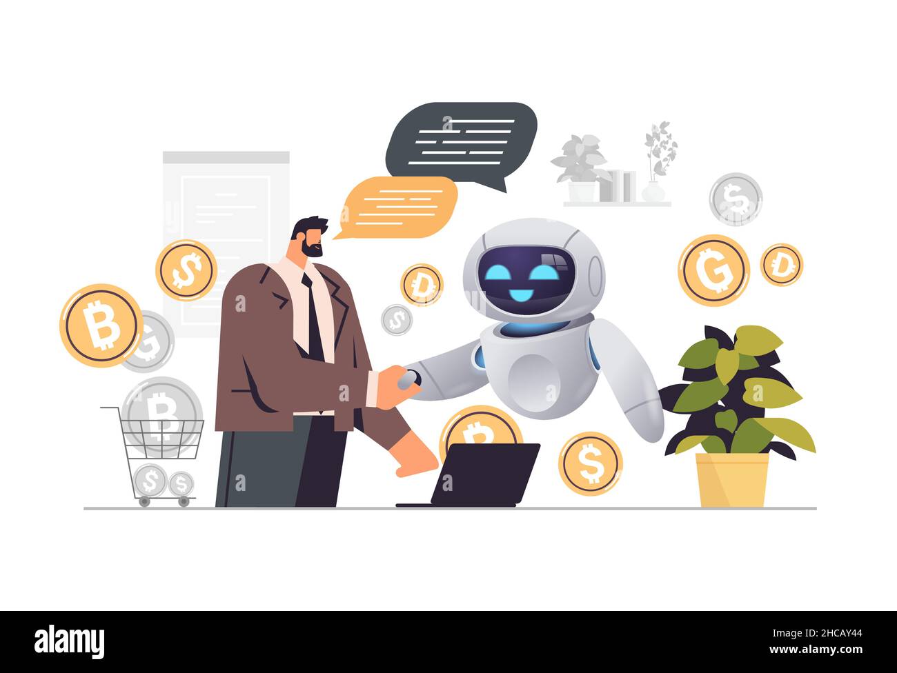 businessman and robot shaking hands business partners handshake ...