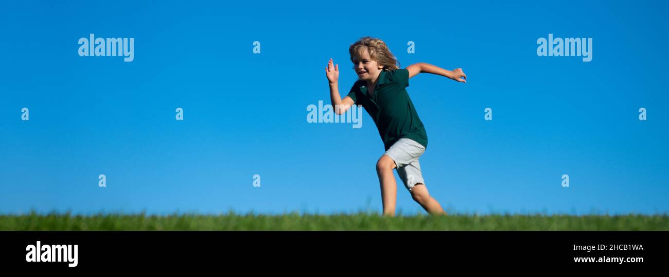 Banner with spring kids portrait. Happy kids playing and running on ...