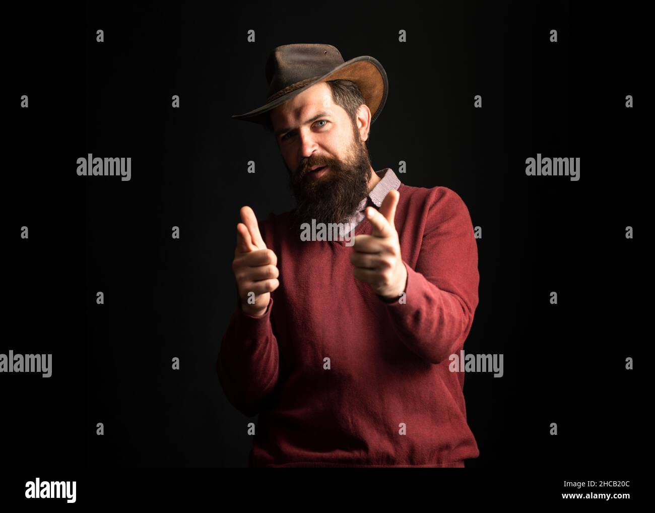 Cowboy man point fingers gun. Sheriff or marshal. American western ...