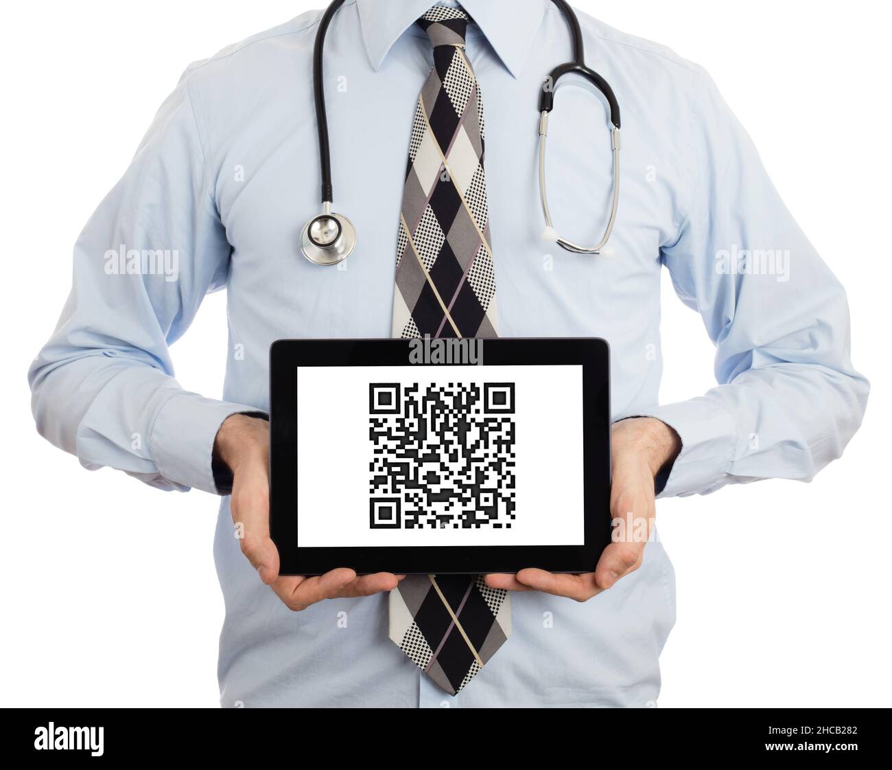 Doctor, isolated on white background, holding digital tablet - QR-code ...