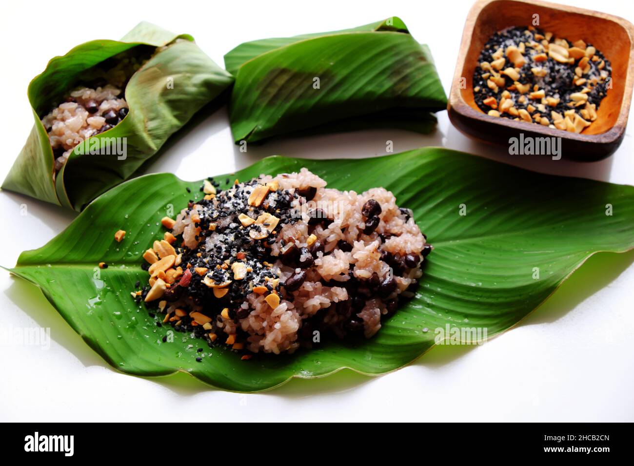 Top view Vietnamese homemade black bean sticky rice with sesame salt ...