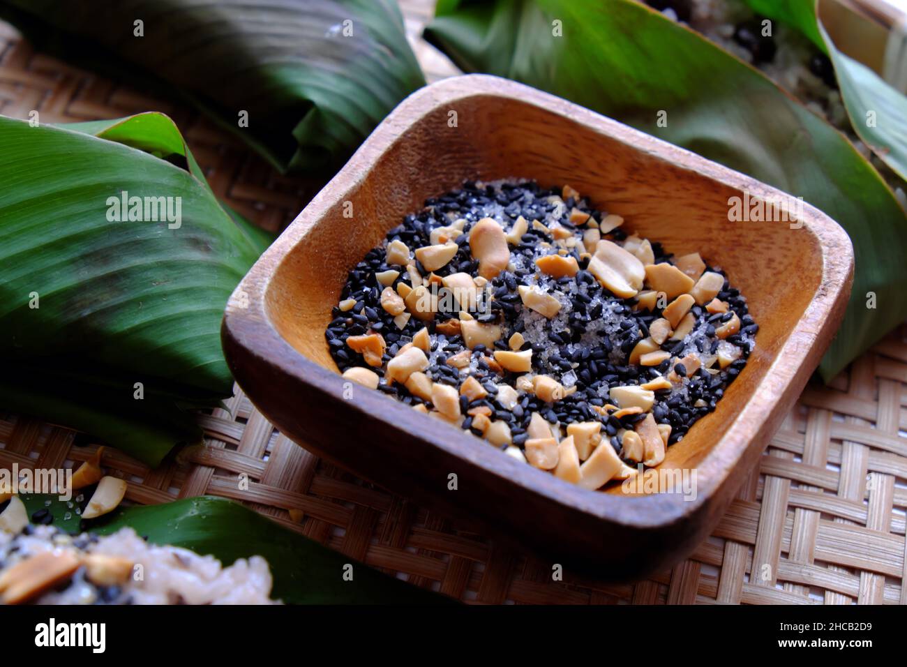 Top view Vietnamese homemade black bean sticky rice with sesame salt ...