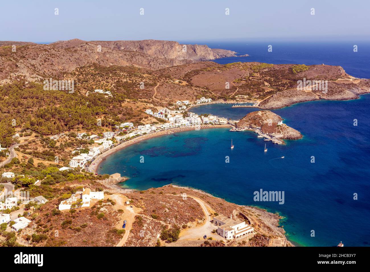 Kapsali bay and village view from Chora castle. The Greek island of ...