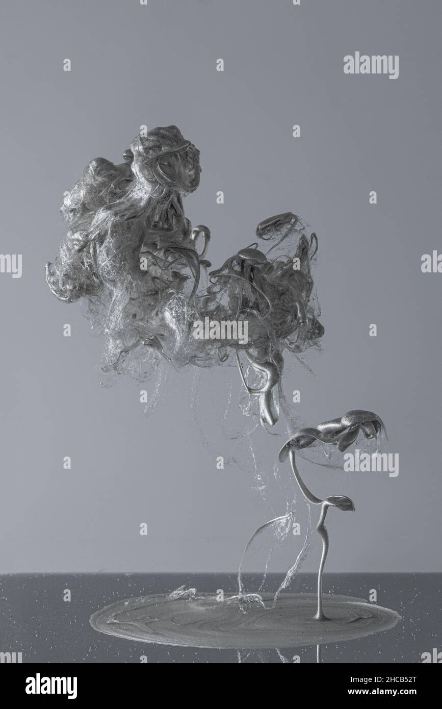 Black and white image. Explosion of ink, fluid on bw studio background ...