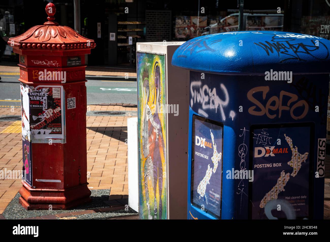 Mail boxes with posters, Wellington, North Island, New Zealand Stock ...