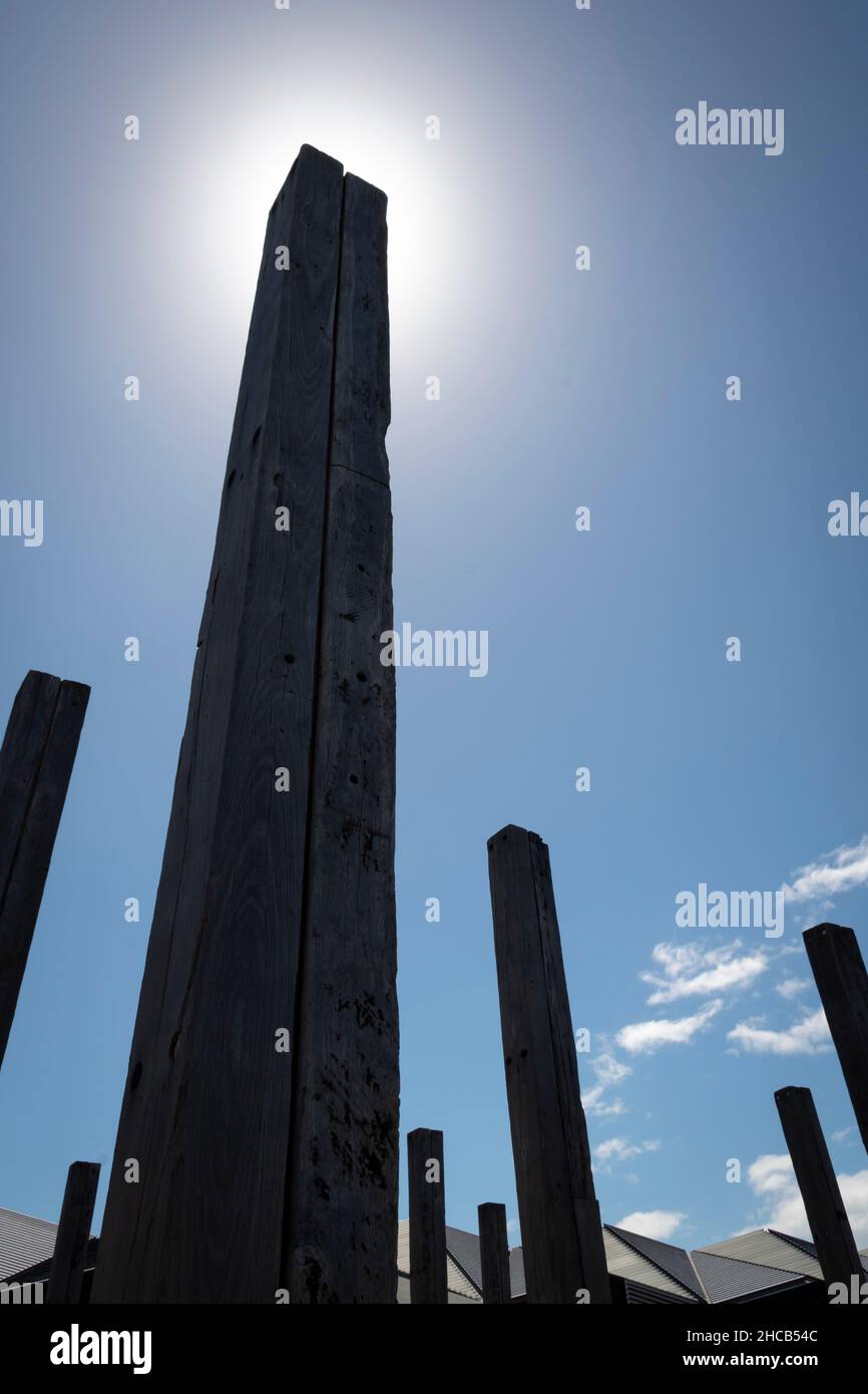 Vertical posts, art installation, Odlin's Plaza, Wellington waterfront ...