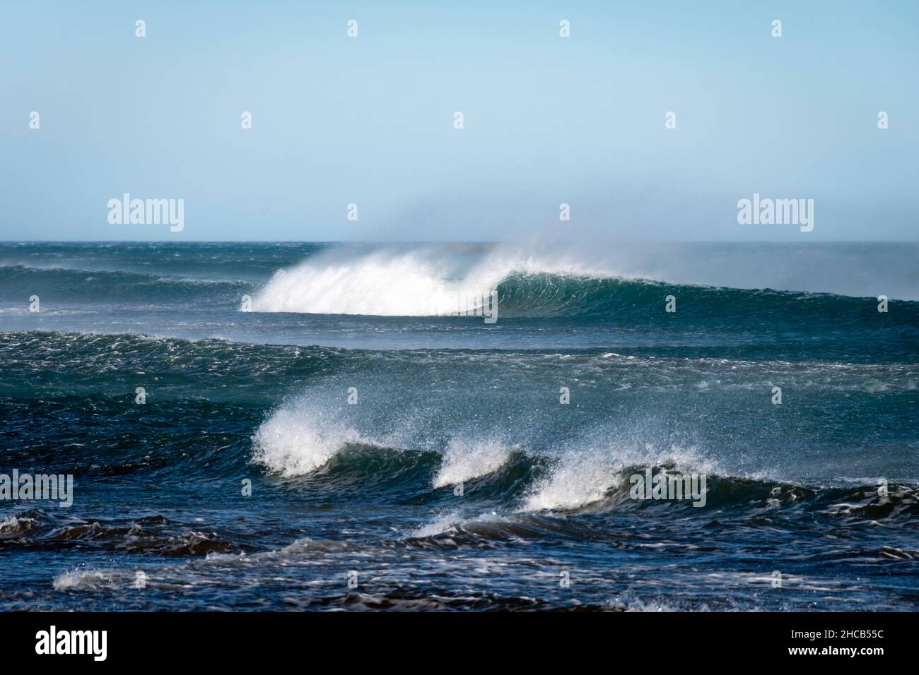 Wind blown waves on Pacific Ocean at Glenburn, Wairarapa, North Island ...