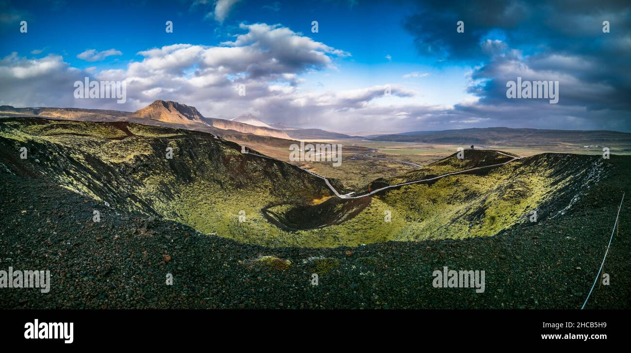 Spectacular panorama of volcano crater with tourists path Stock Photo ...