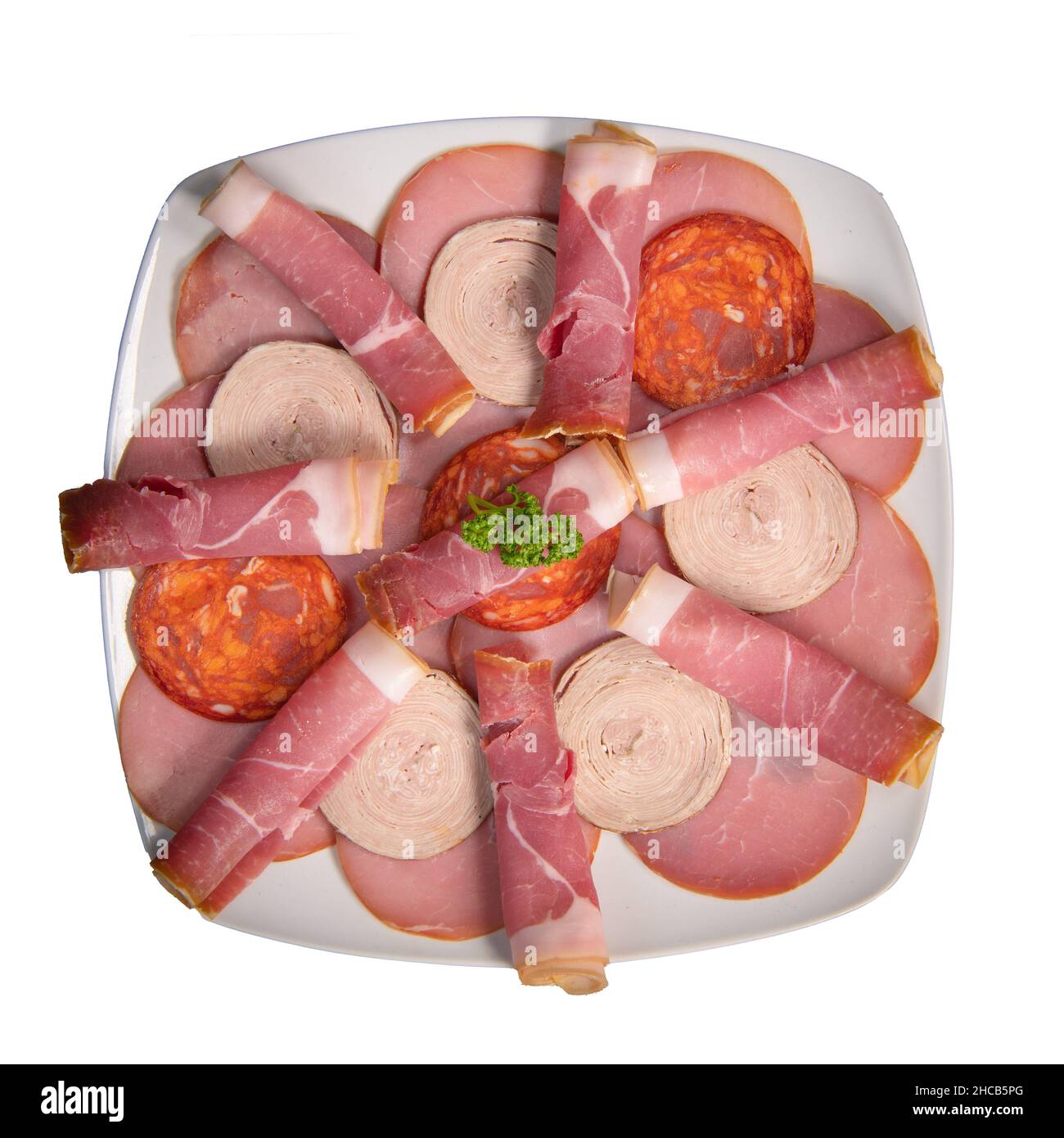 Food tray with delicious salami, pieces of sliced ham, sausage, Deli ...