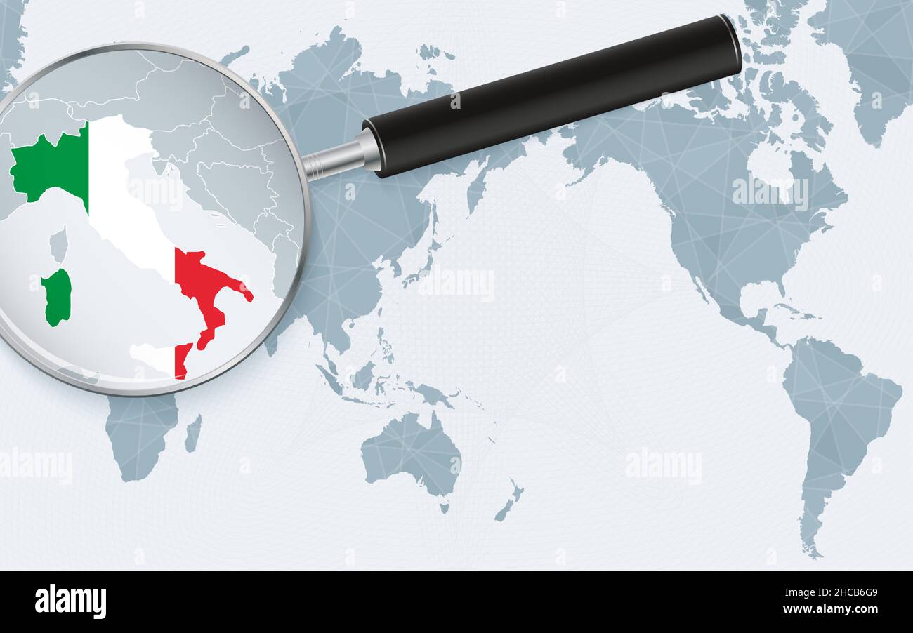 Asia centered world map with magnified glass on Italy. Focus on map of ...