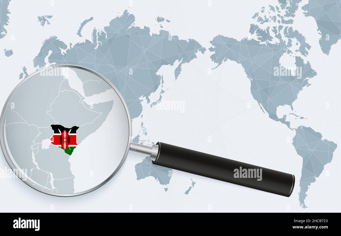 Asia centered world map with magnified glass on Kenya. Focus on map of ...