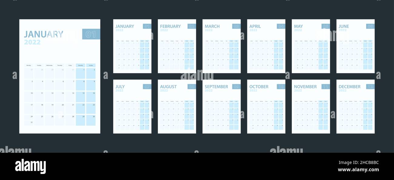 Vertical calendar 2022, set of 12 pages of calendar 2022. Vector ...