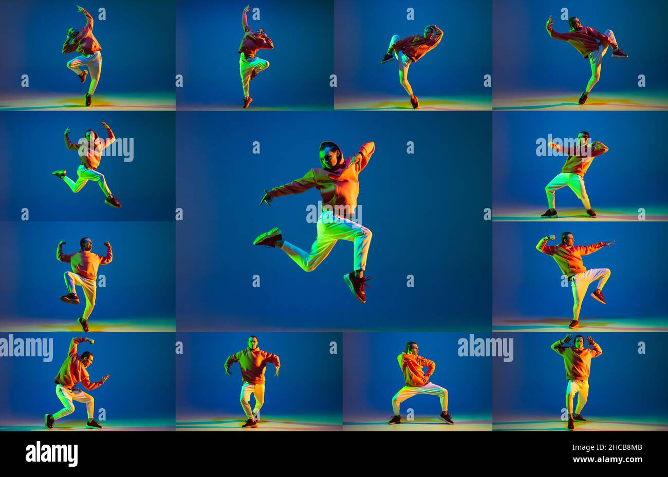Collage. Portrait of young stylish man, contemporary dancer in motion ...