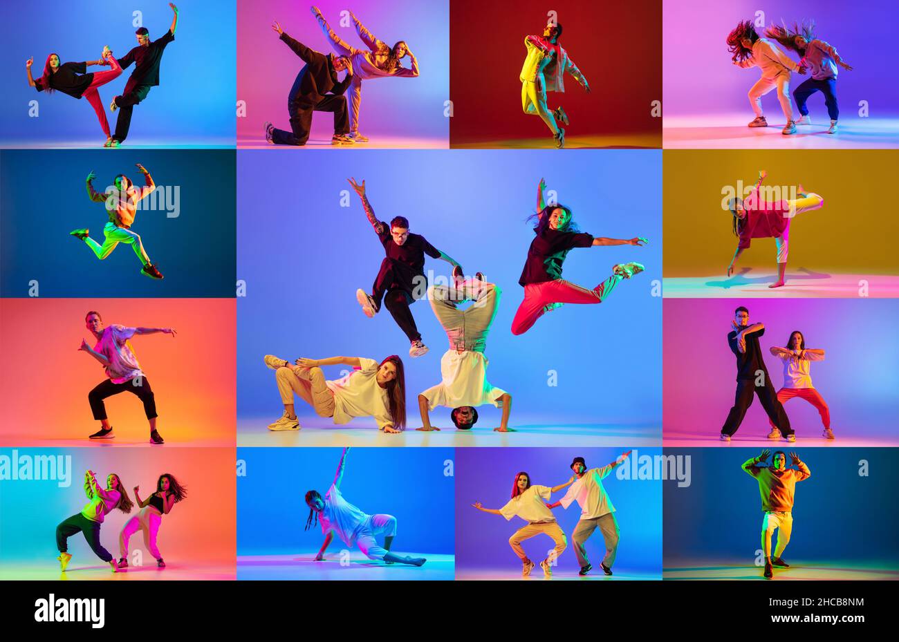 Collage of young people dancing hip hop isolated over multicolored ...