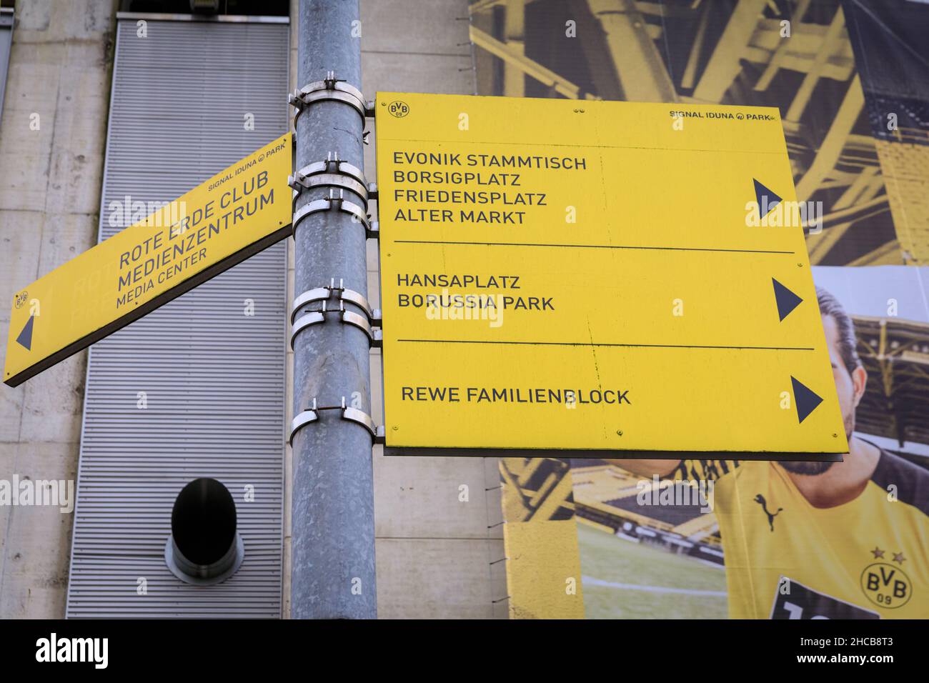 Signage outside BVB Borussia Dortmund football stadium, Signal Iduna ...