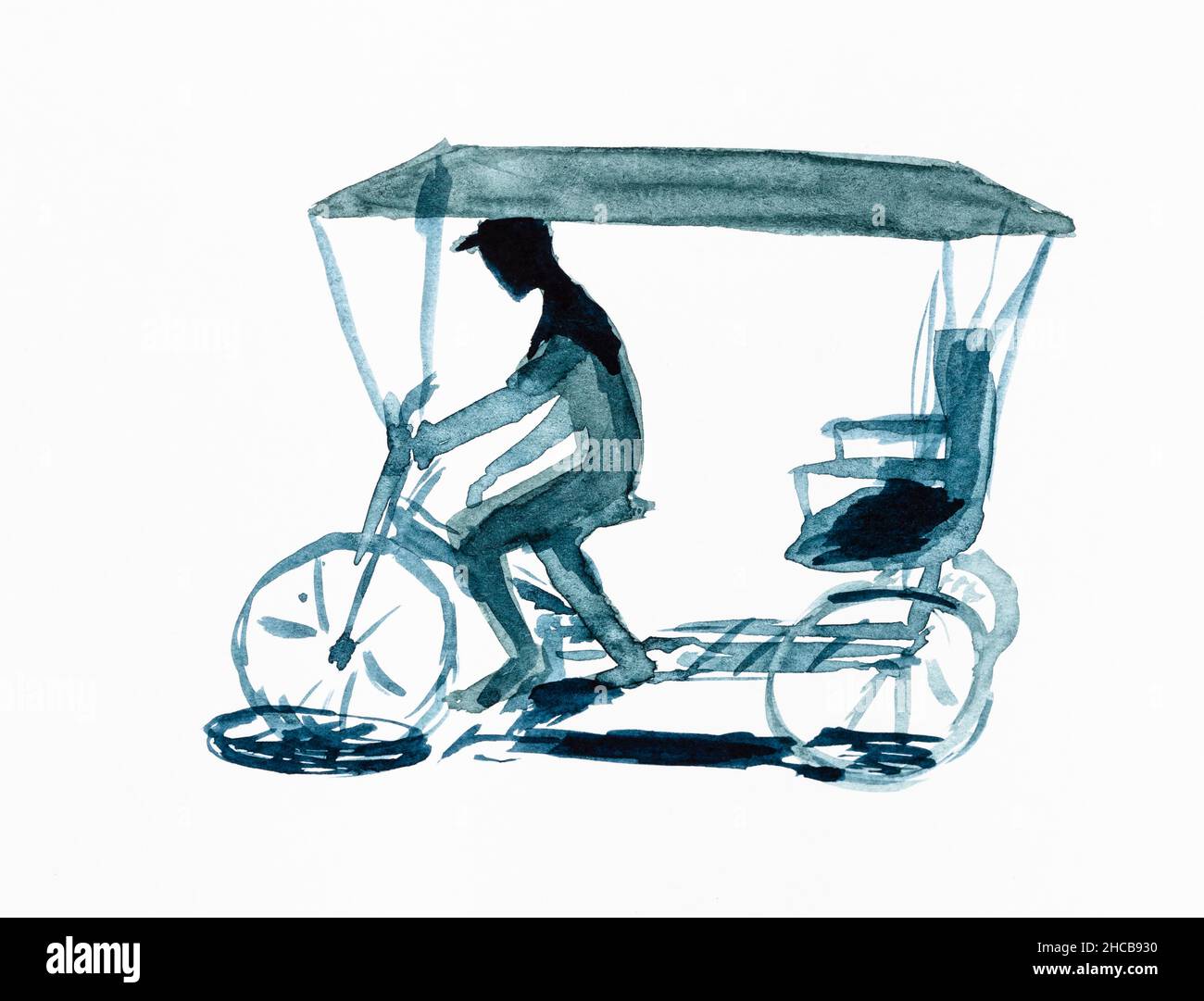 sketch of cycle rickshaw in Havana city hand drawn by watercolor on ...