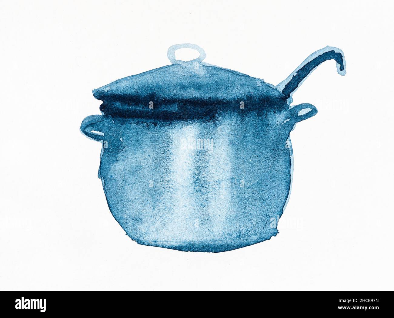 sketch of saucepan with ladle covered with lid drawn by watercolor on ...