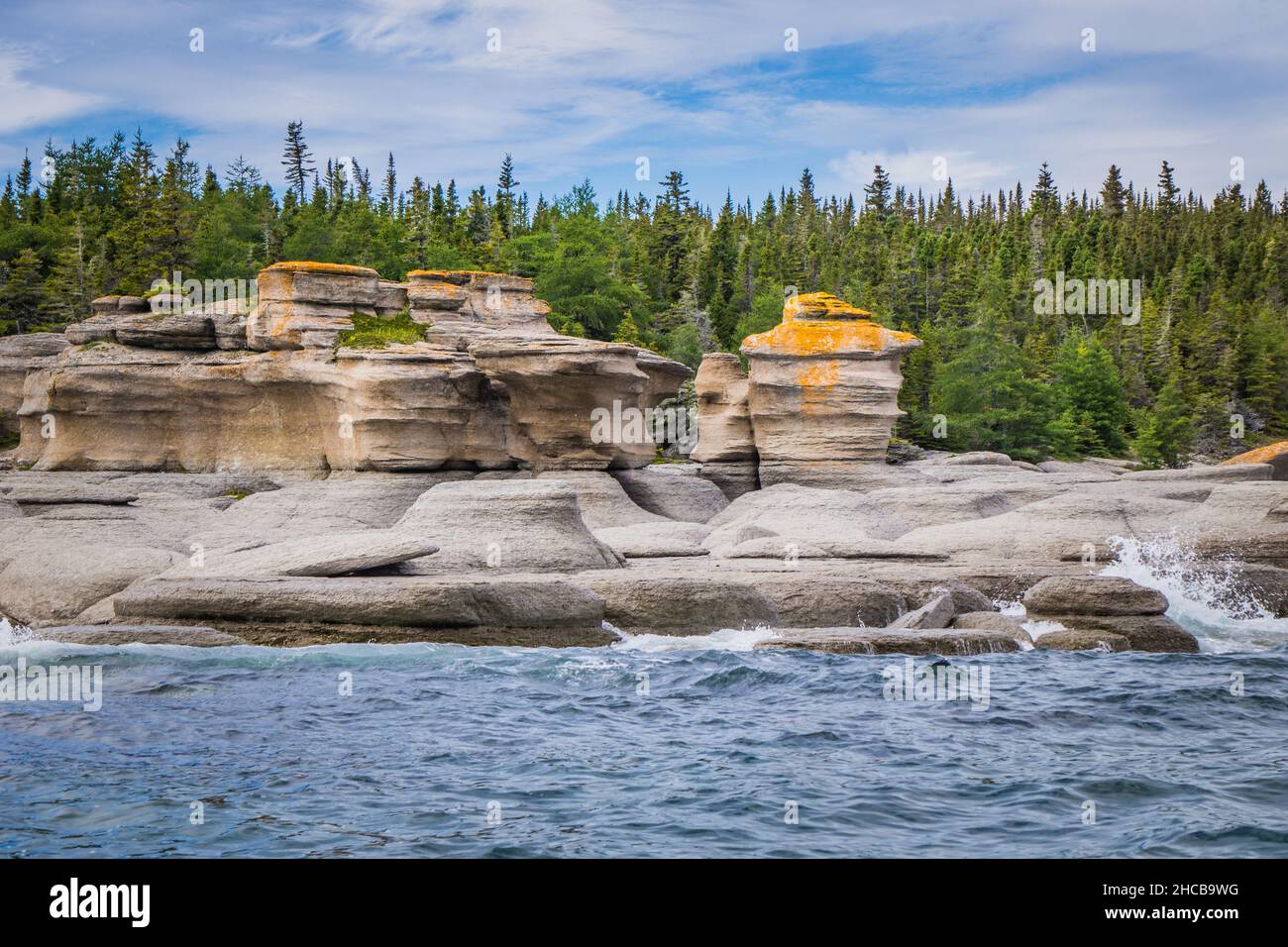 view on the limestone monoliths and rock formations on Niapiskau island ...