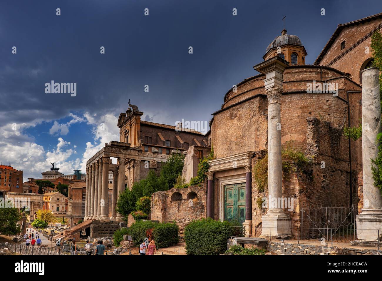 Stormy sky above ancient temples on the Roman Forum in city of Rome ...