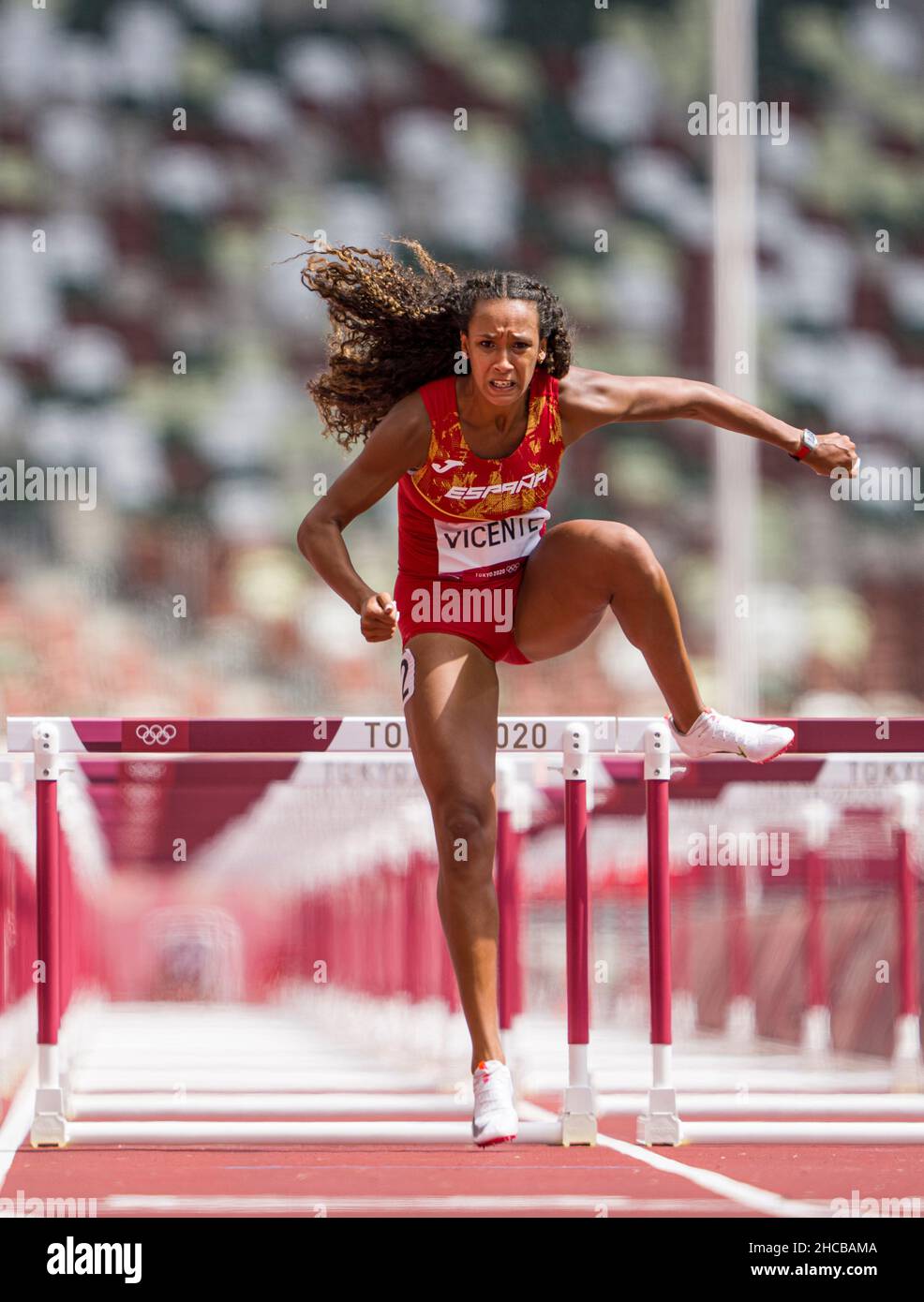 Maria Vicente participating in the 100-meter hurdles of the heptathlon ...