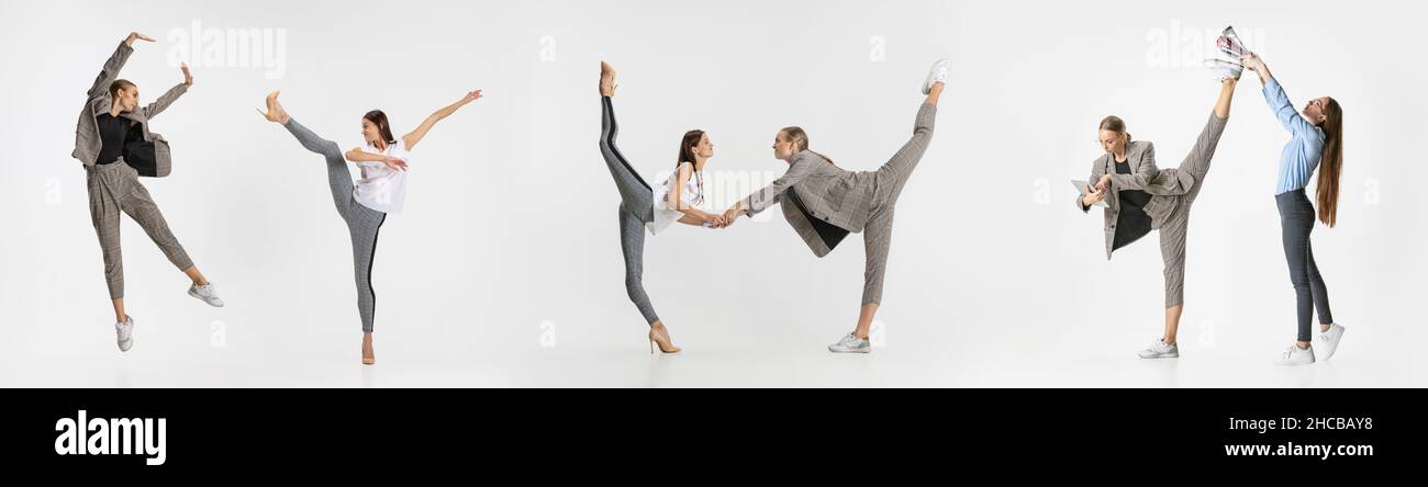 Collage. Full-length portrait of two woman, office workers performing ...