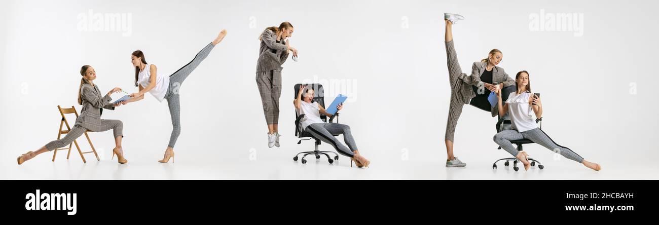 Collage. Full-length portrait of two woman, office workers dancing ...