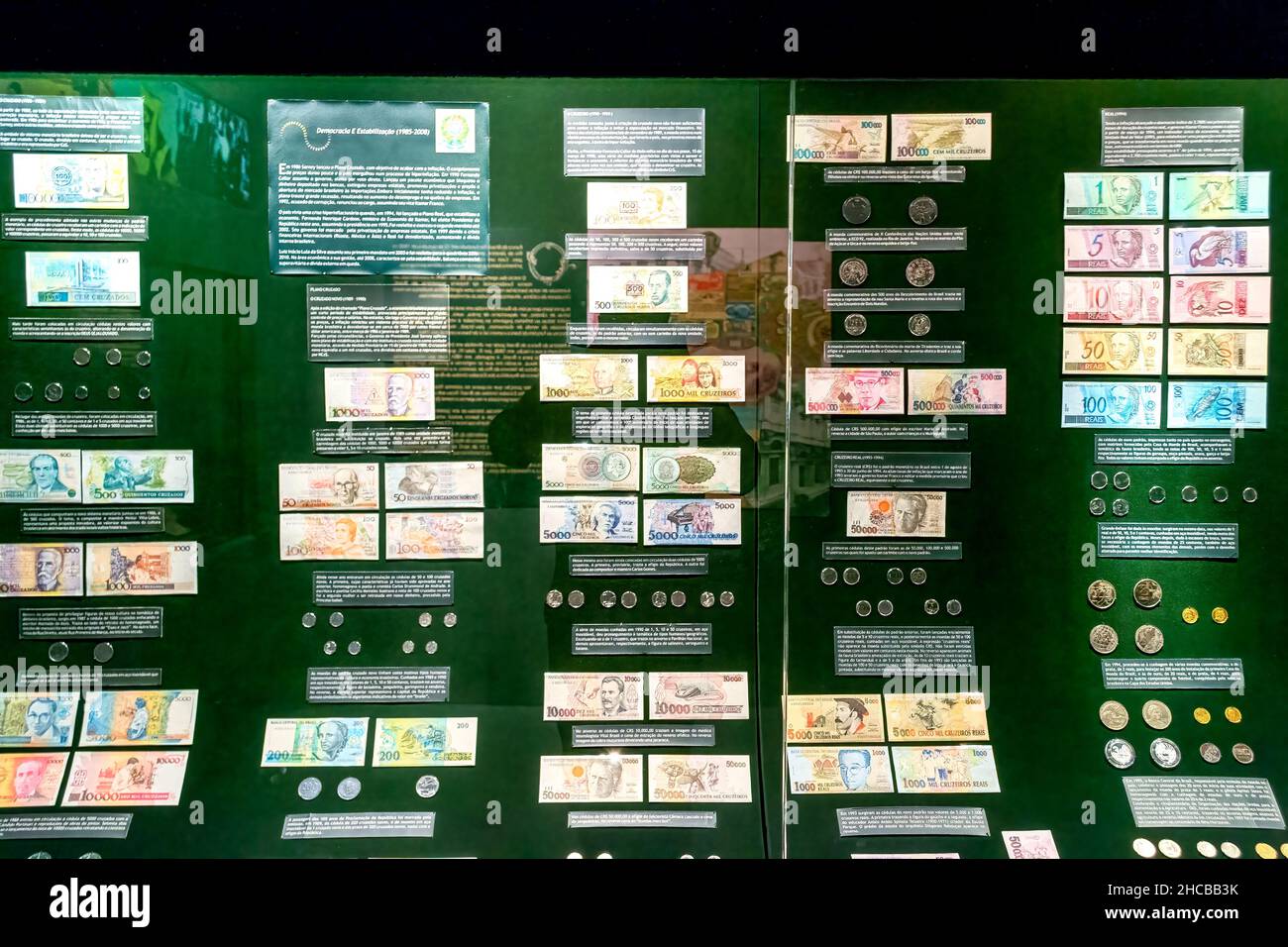 Diverse paper money and coins seen in the Museum 'Banco do Brasil' or ...