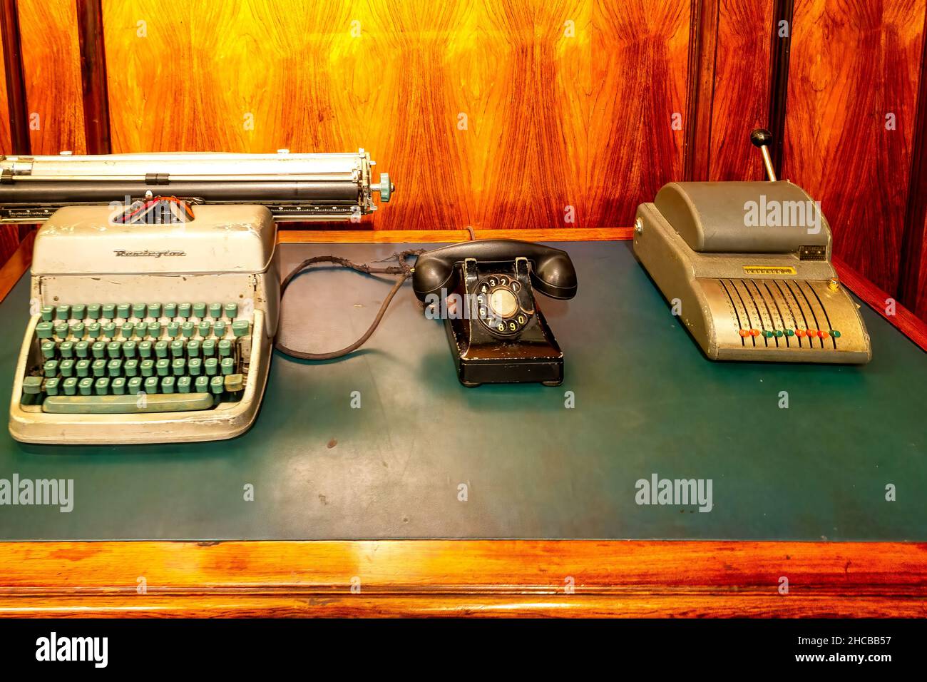 Vintage typewriter, calculator and telephone seen in the Museum 'Banco ...
