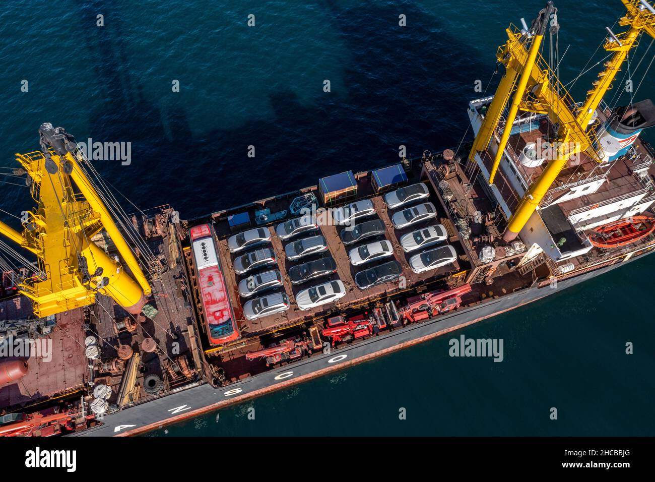 Vladivostok, Russia - December 18, 2021:Sea cargo ship loaded with cars ...