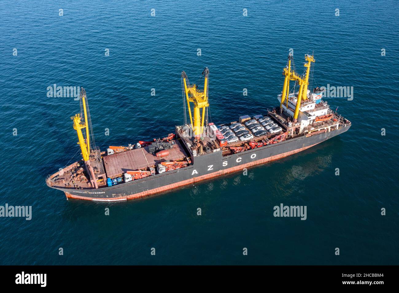 Vladivostok, Russia - December 18, 2021:Sea cargo ship loaded with cars ...