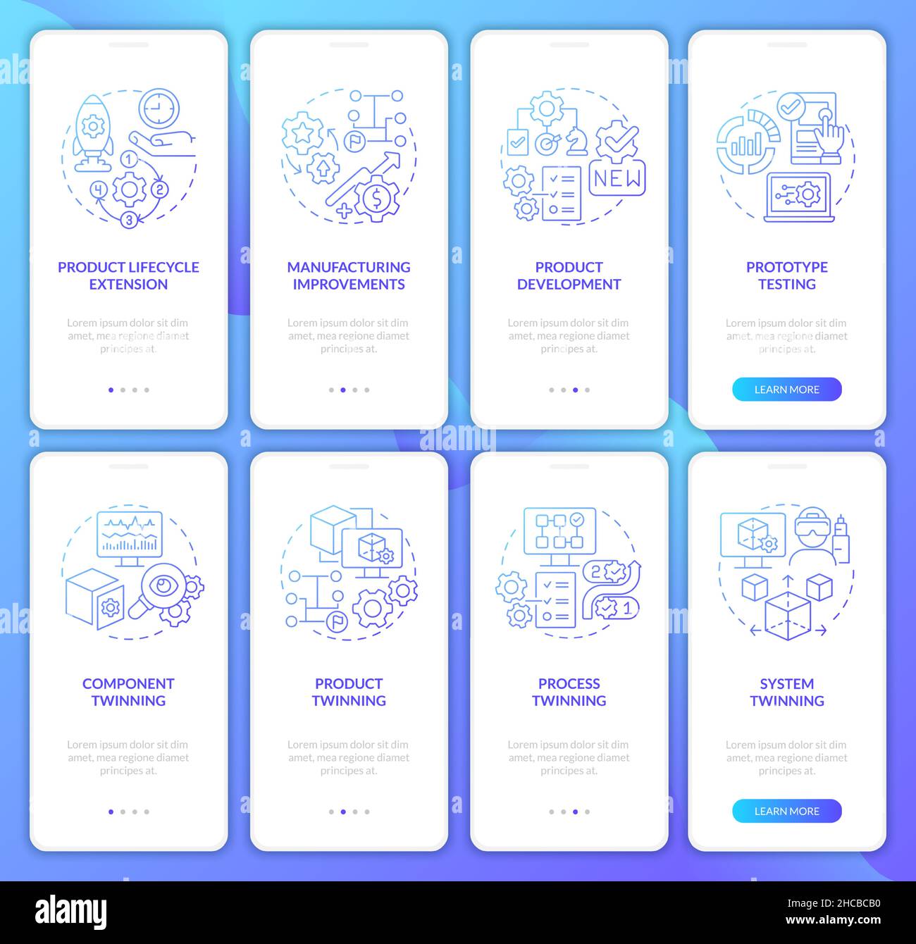 Digital Twin Technology Blue Gradient Onboarding Mobile App Screen Set Stock Vector Image And Art