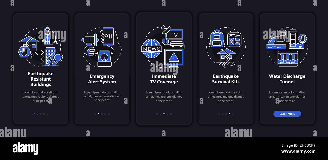 Earthquake Mitigation Strategies Night Mode Onboarding Mobile App Screen Stock Vector Image